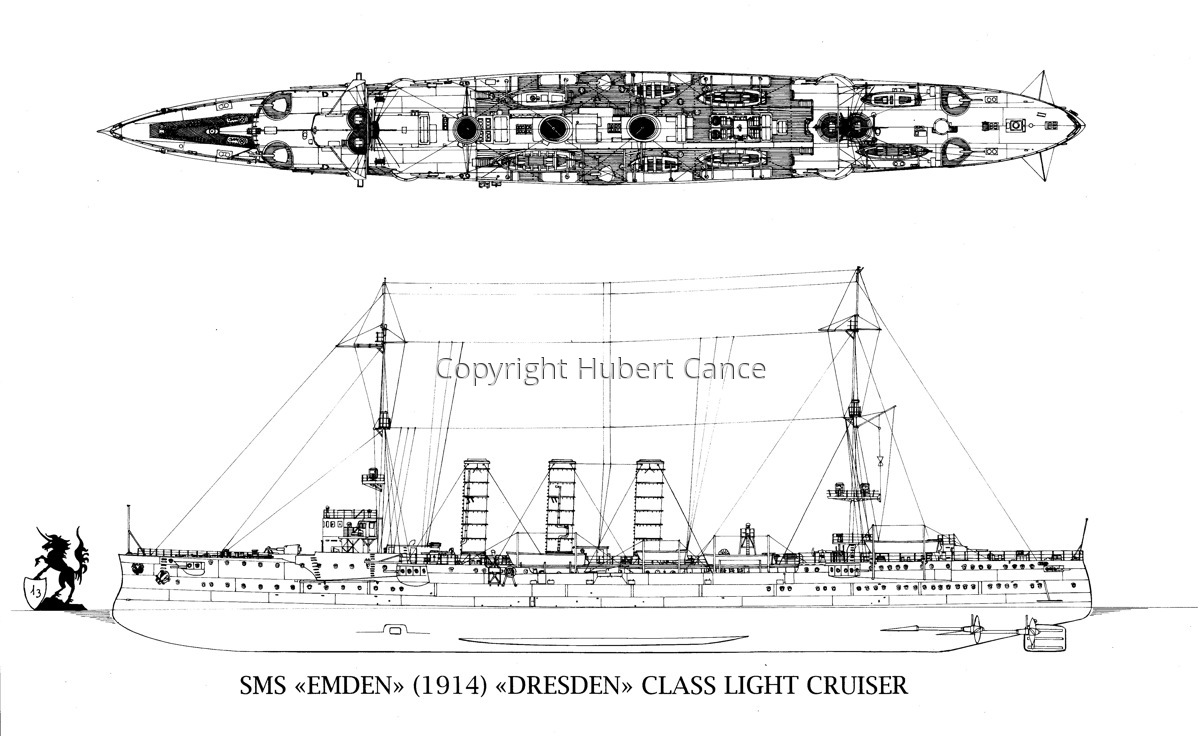 Drawing : "SMS Emden (1914) Dresden Class Light Cruiser" (Original art ...